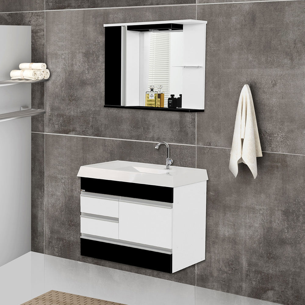 Conjunto Gabinete de Banheiro Nápole Suspenso 79,5cm Preto Rorato - VILLAGE